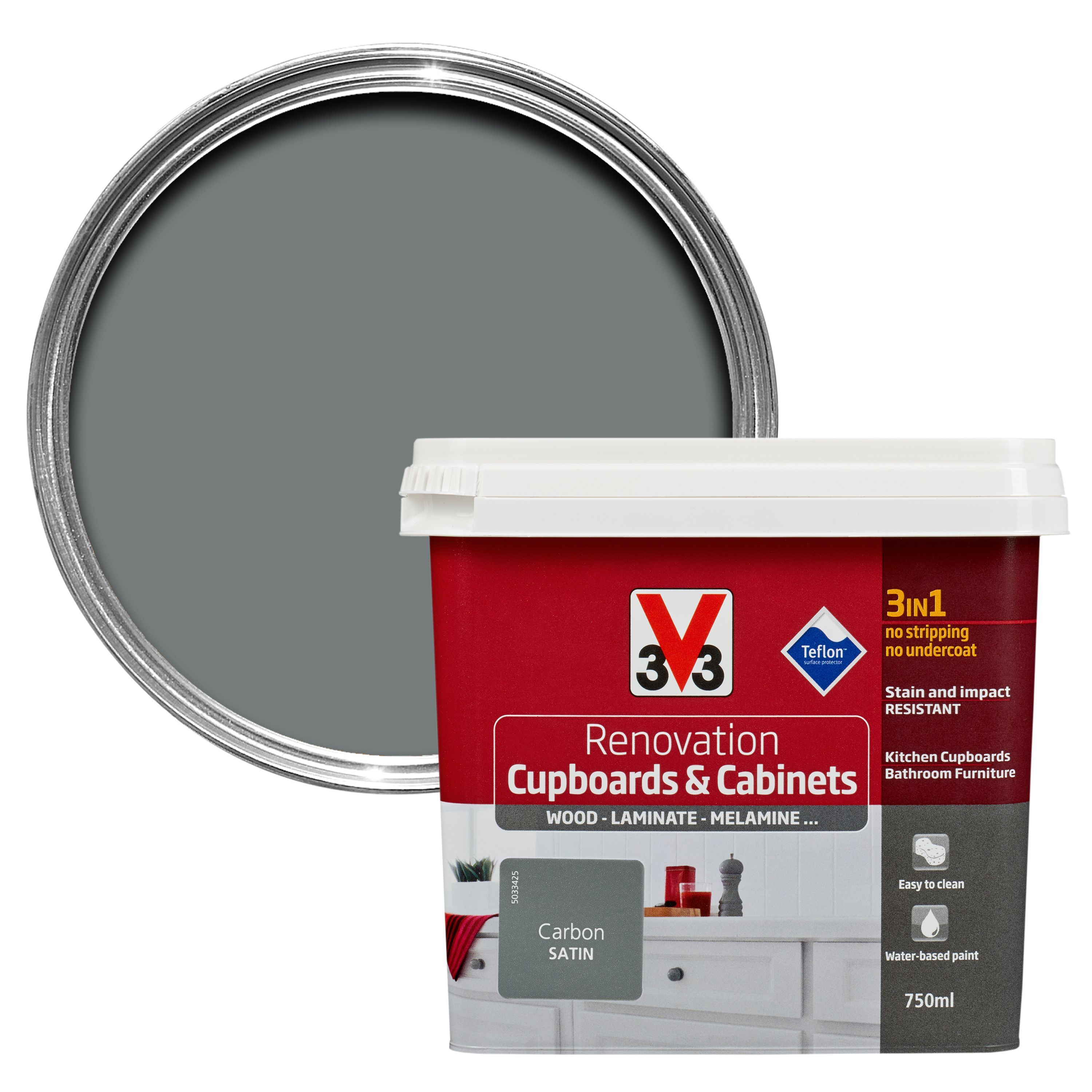 V33 Renovation Carbon Satin Kitchen Cupboard Cabinet Paint 750 Ml