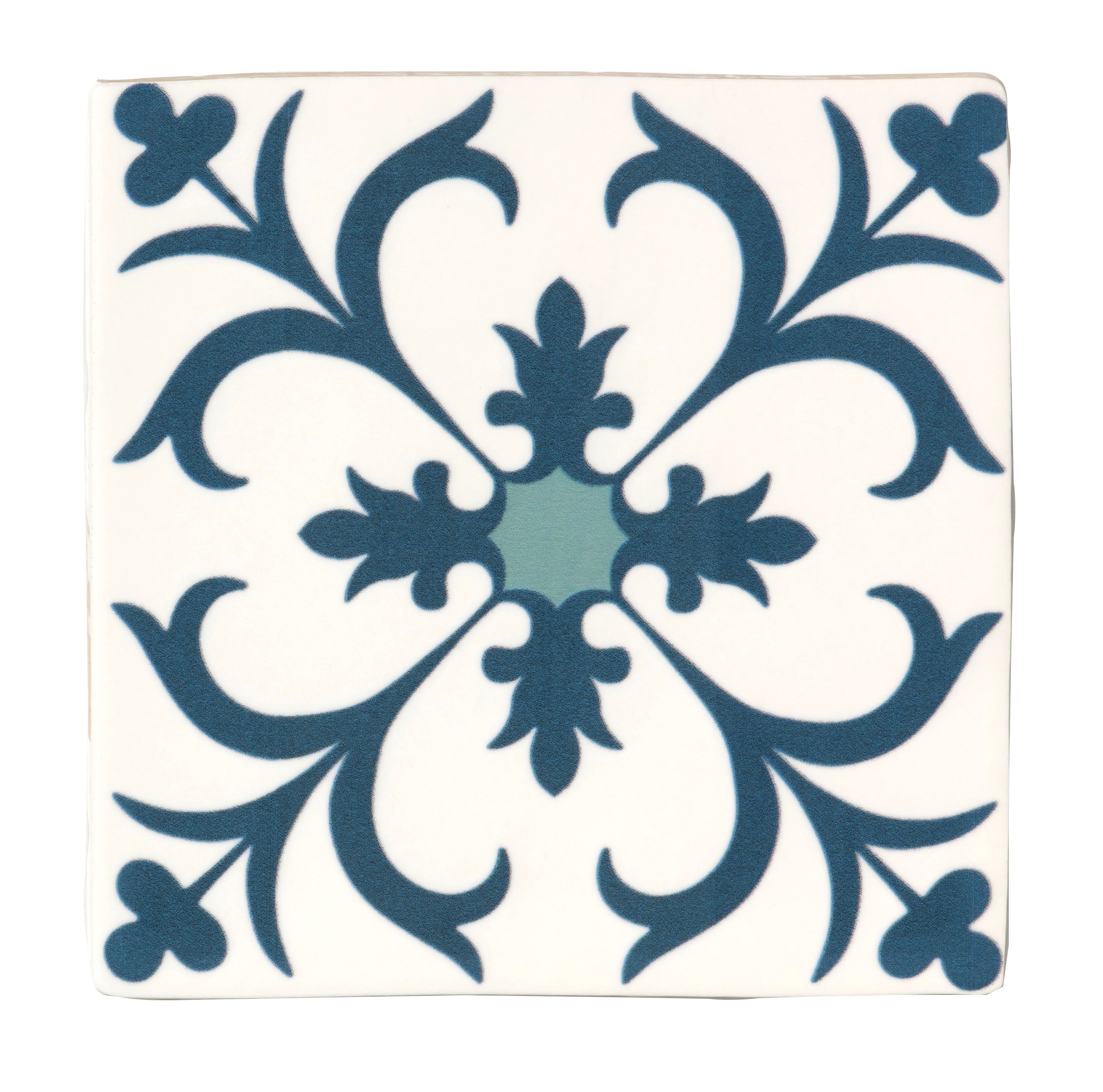 Fusion Blue & white Satin Patterned Ceramic Wall tile, Pack of 25, (L ...