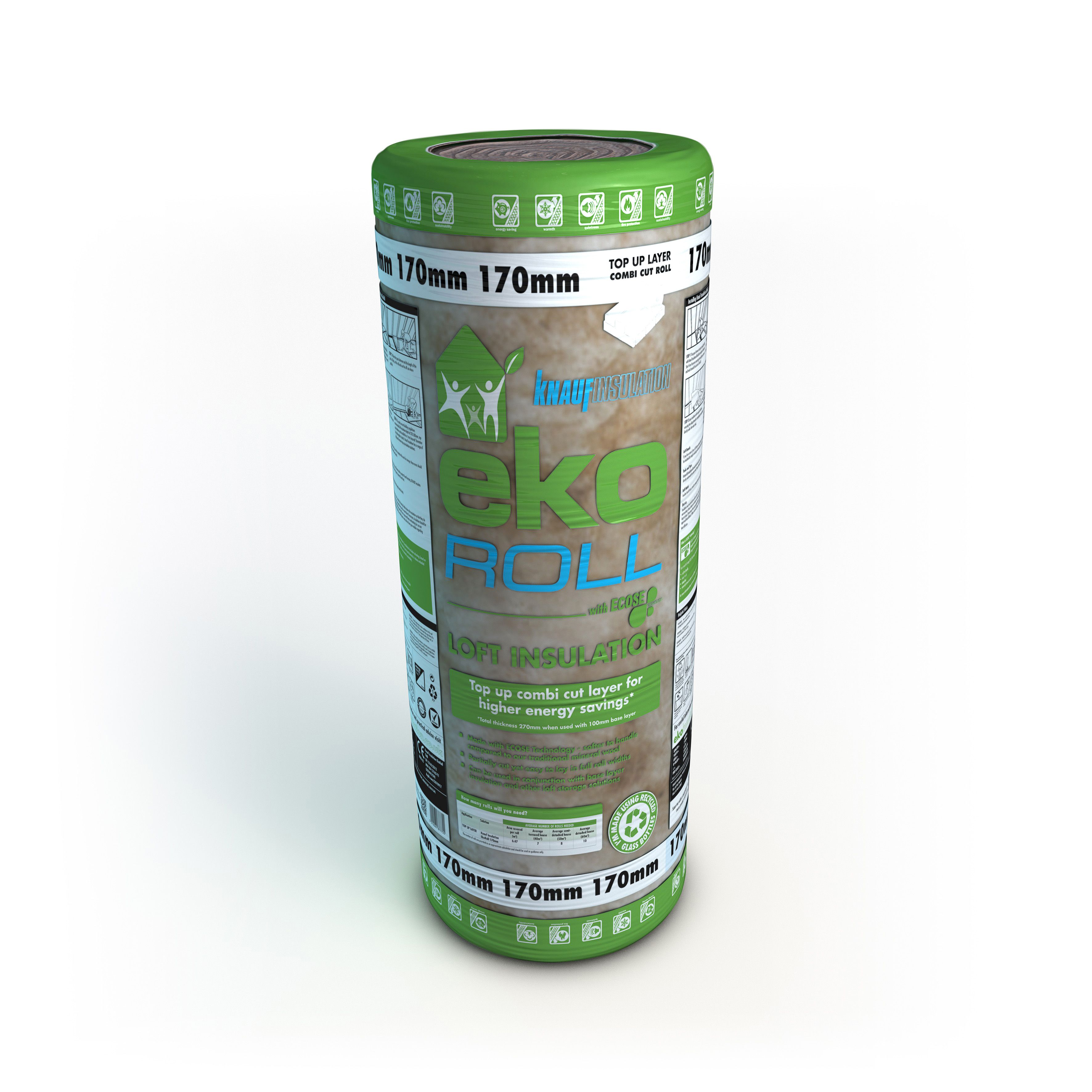 Knauf Eko Roll Loft insulation roll, (L)5.68m (W)1.14m (T)170mm ...