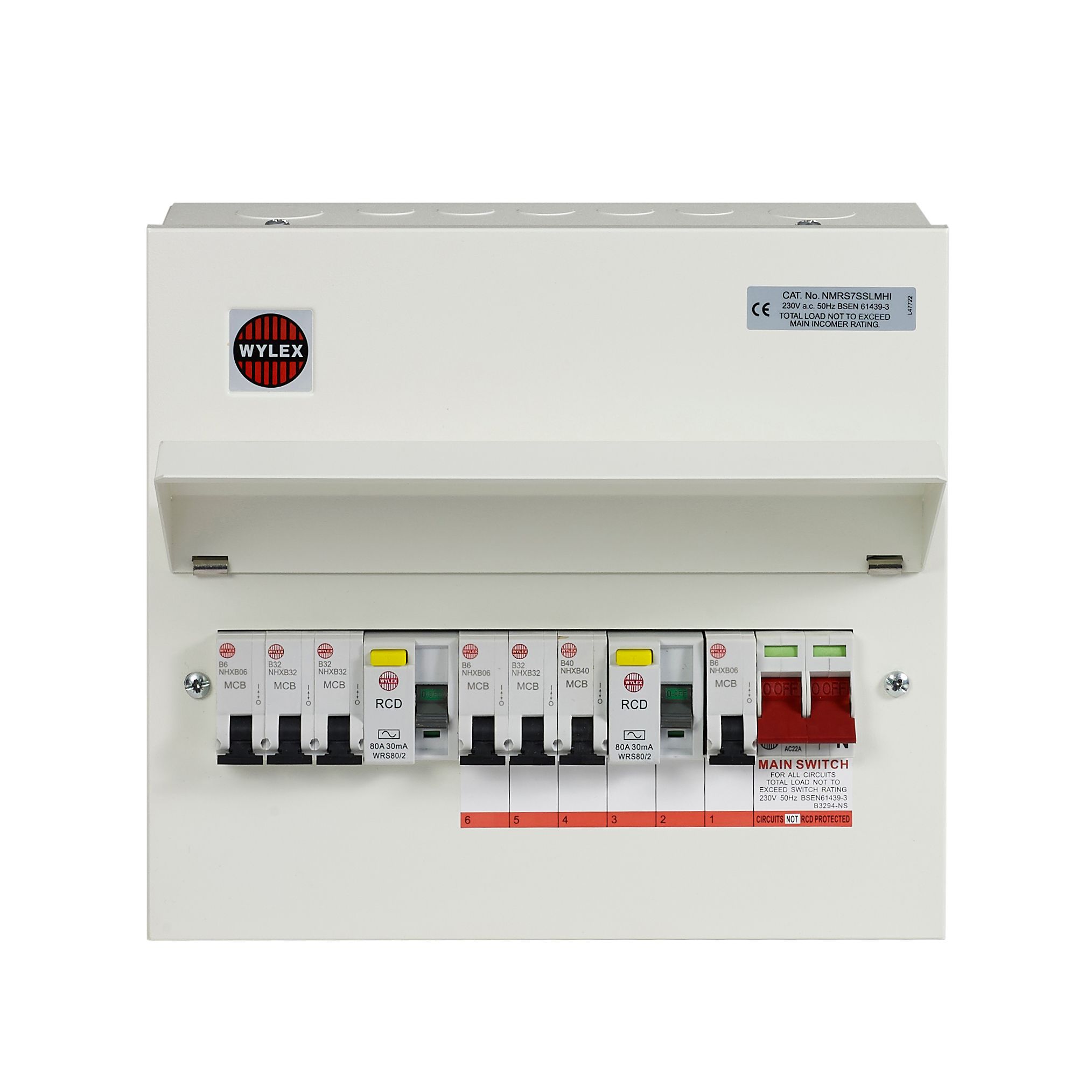 Wylex 100A 7-Way Metal High Integrity Dual RCD Populated Consumer Unit ...
