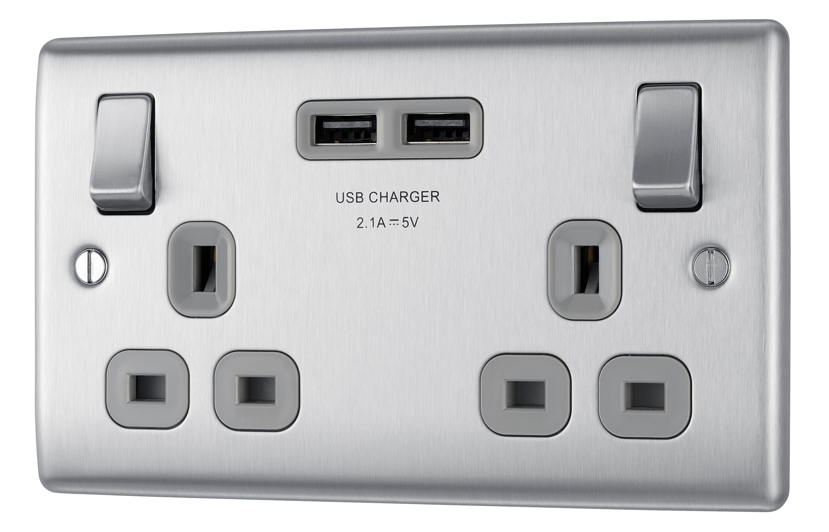 British General Brushed Steel effect Double USB socket, 2 x 2.1A USB ...