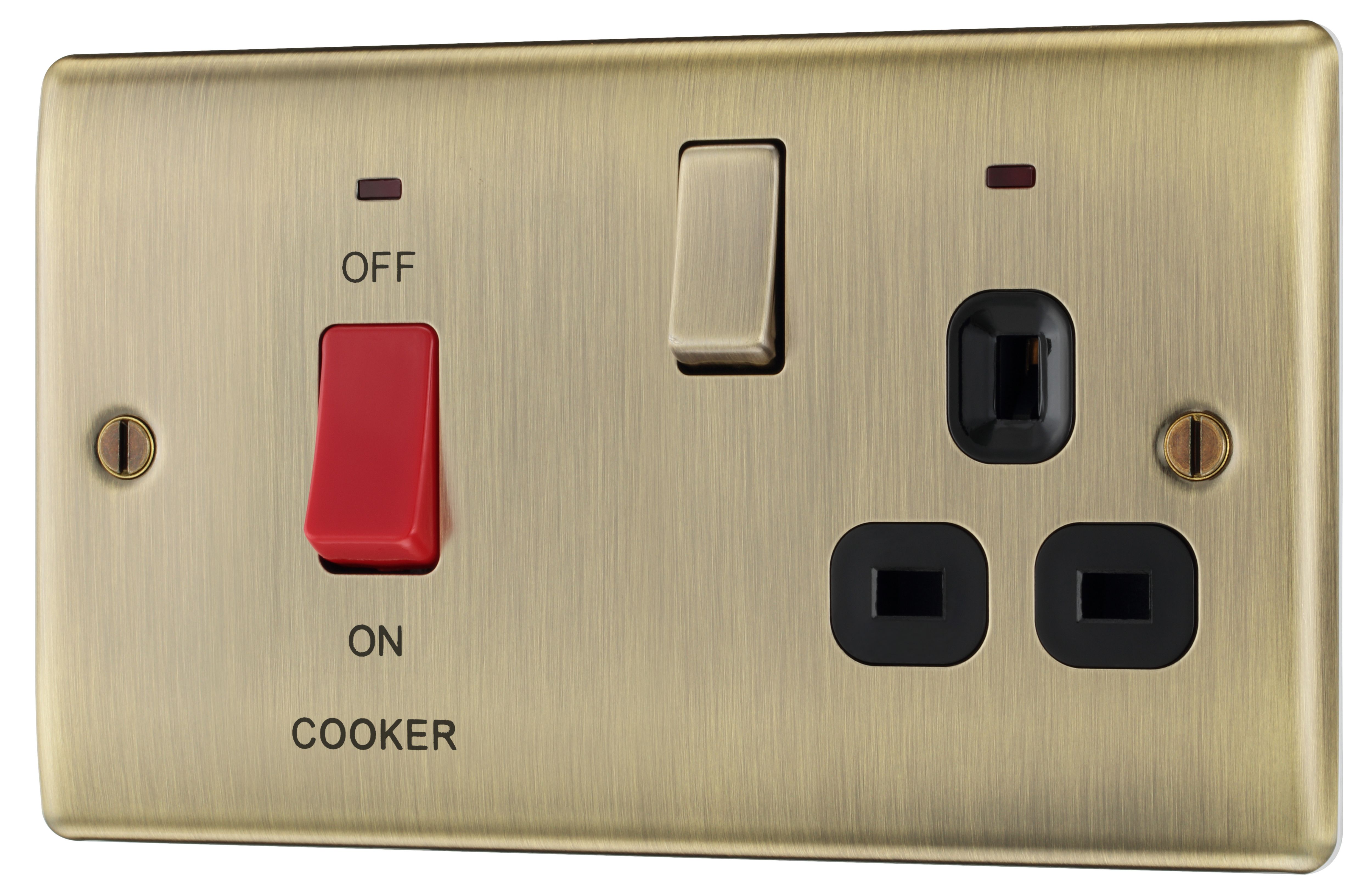 BG Antique Brass Cooker switch & socket with neon & Black inserts ...