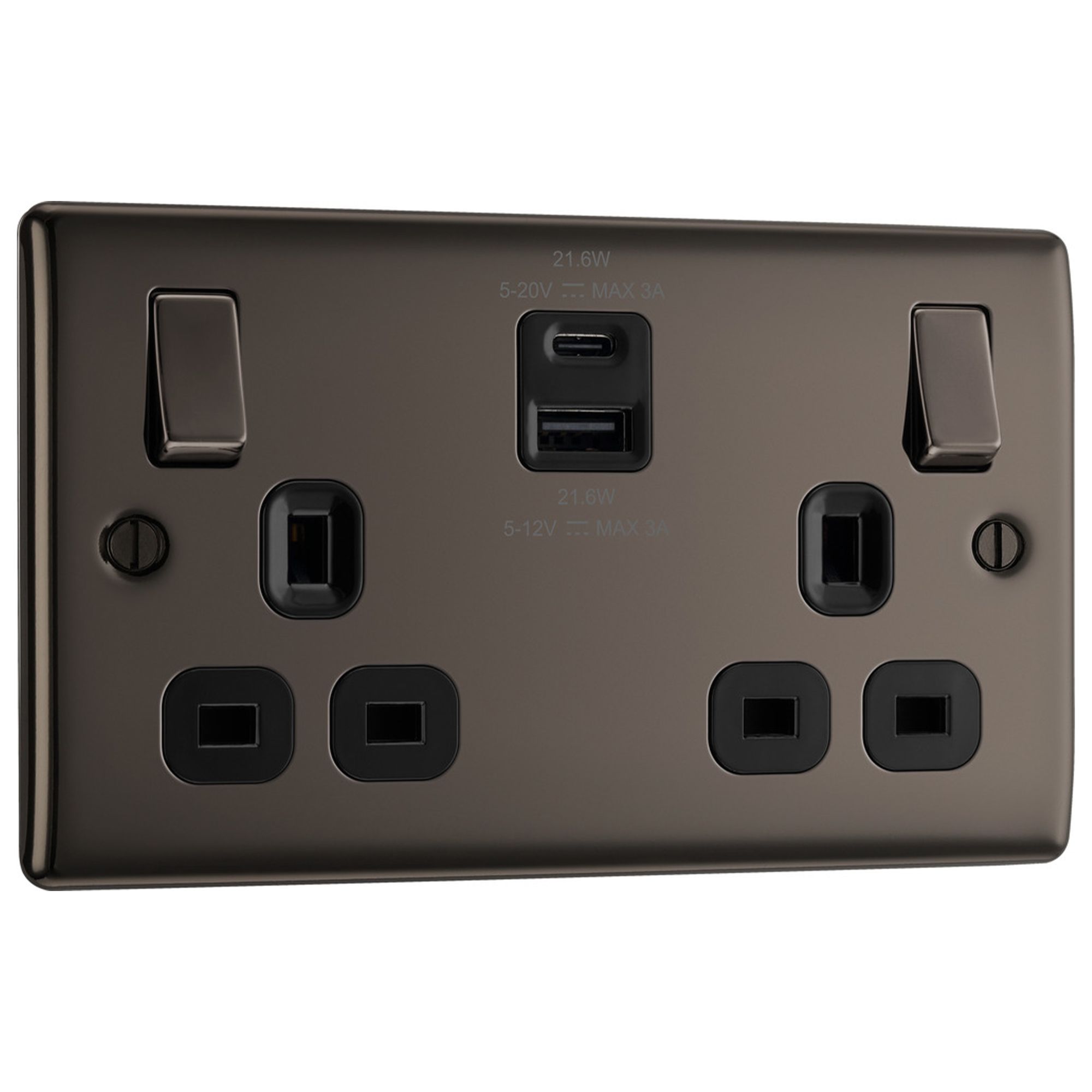 BG Black Nickel Double 13A Raised slim Switched Socket with USB, x2 ...