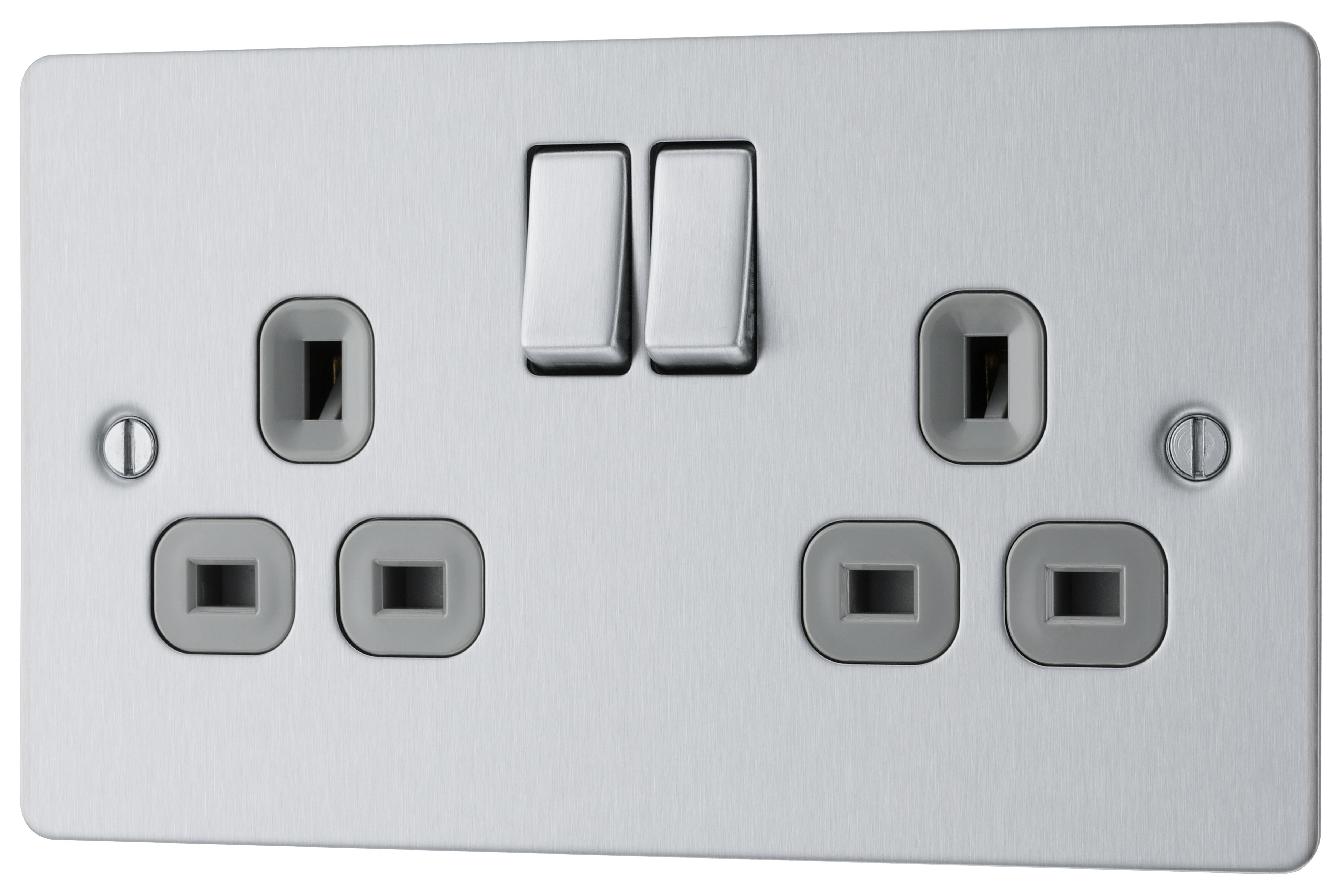 BG Brushed Steel Double 13A Switched Socket & Grey inserts | Tradepoint