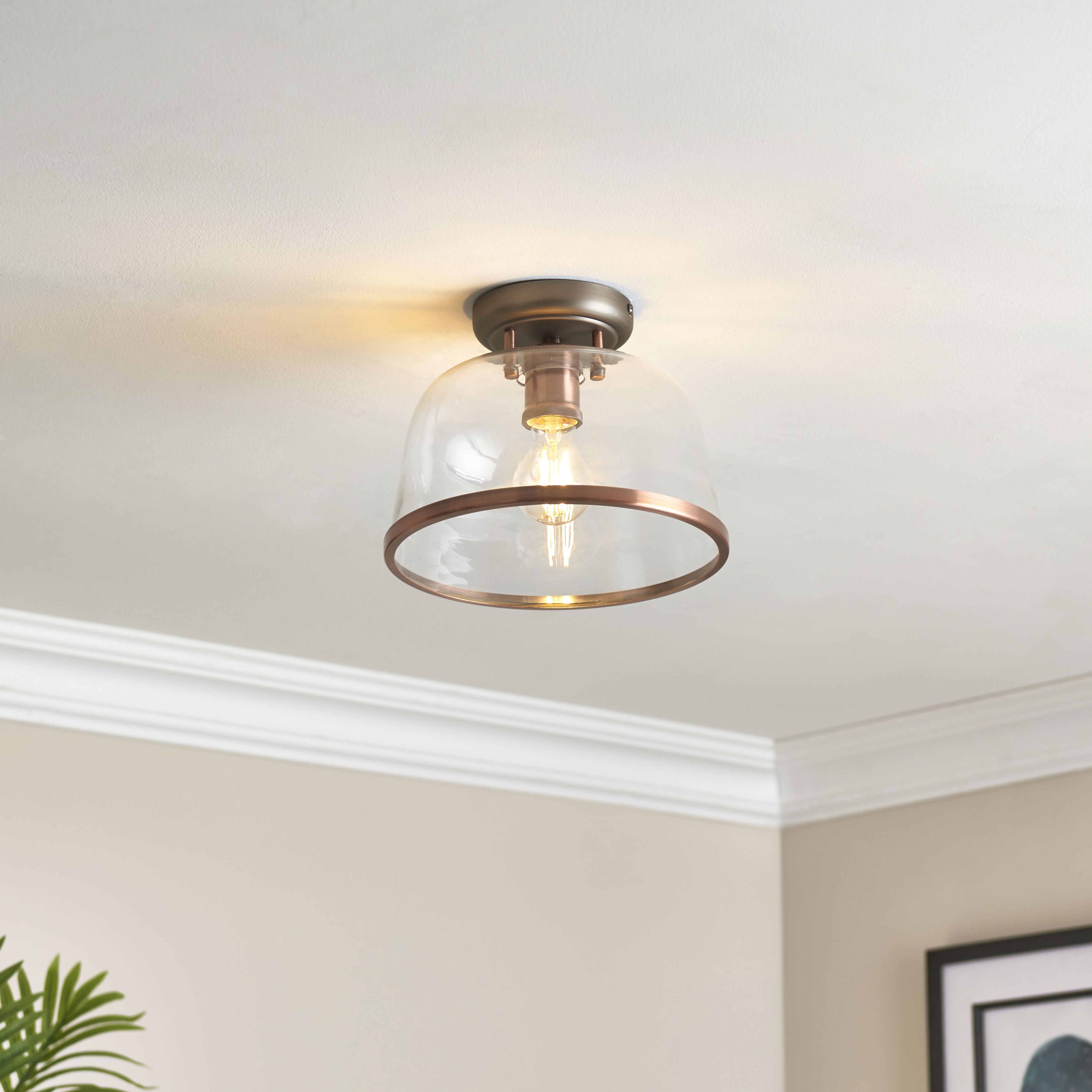 Broderick Glass & steel Transparent Copper effect Ceiling light