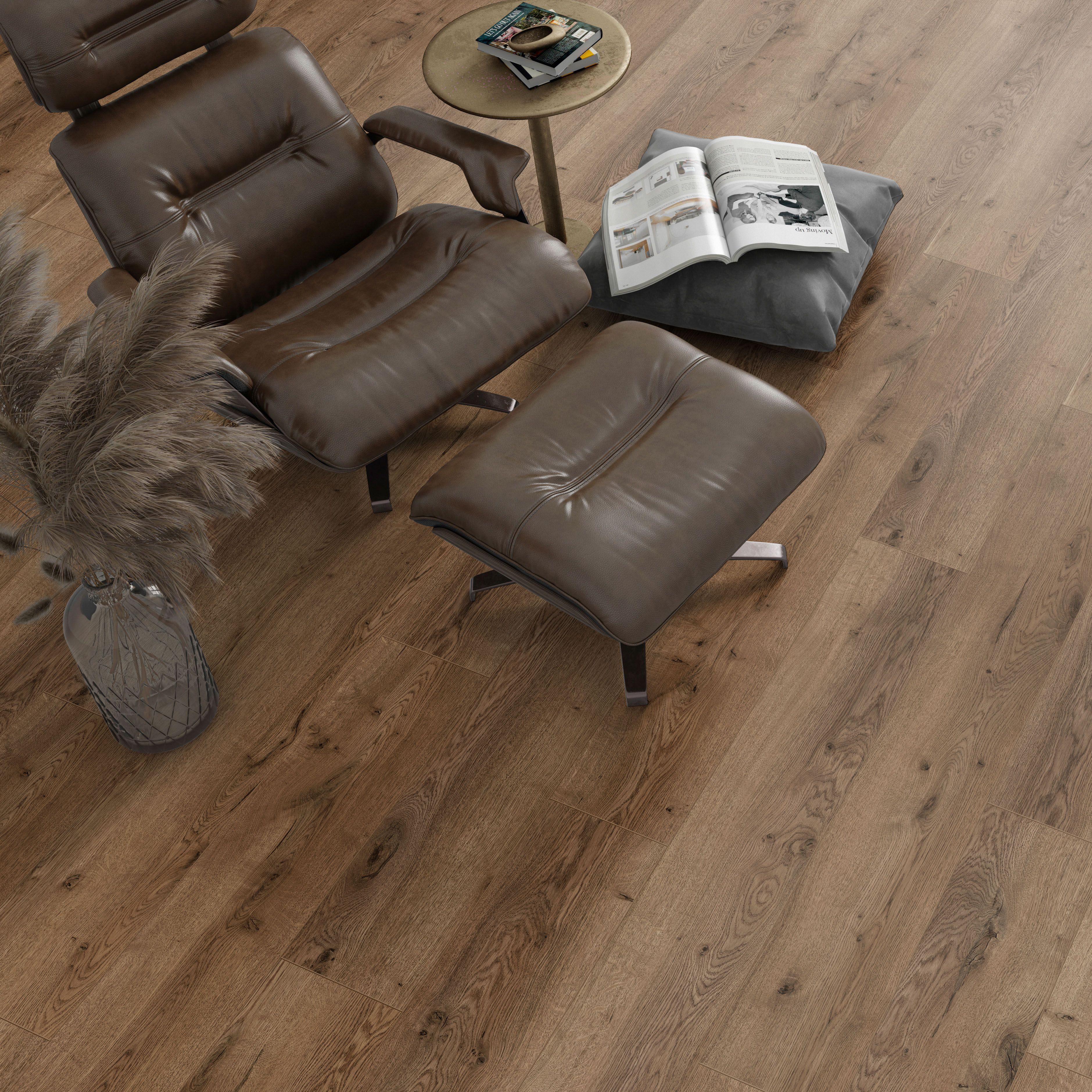 Classen Yorkshire Dark brown Rustic Oak Wood effect Integrated underlay Structured Laminate ...