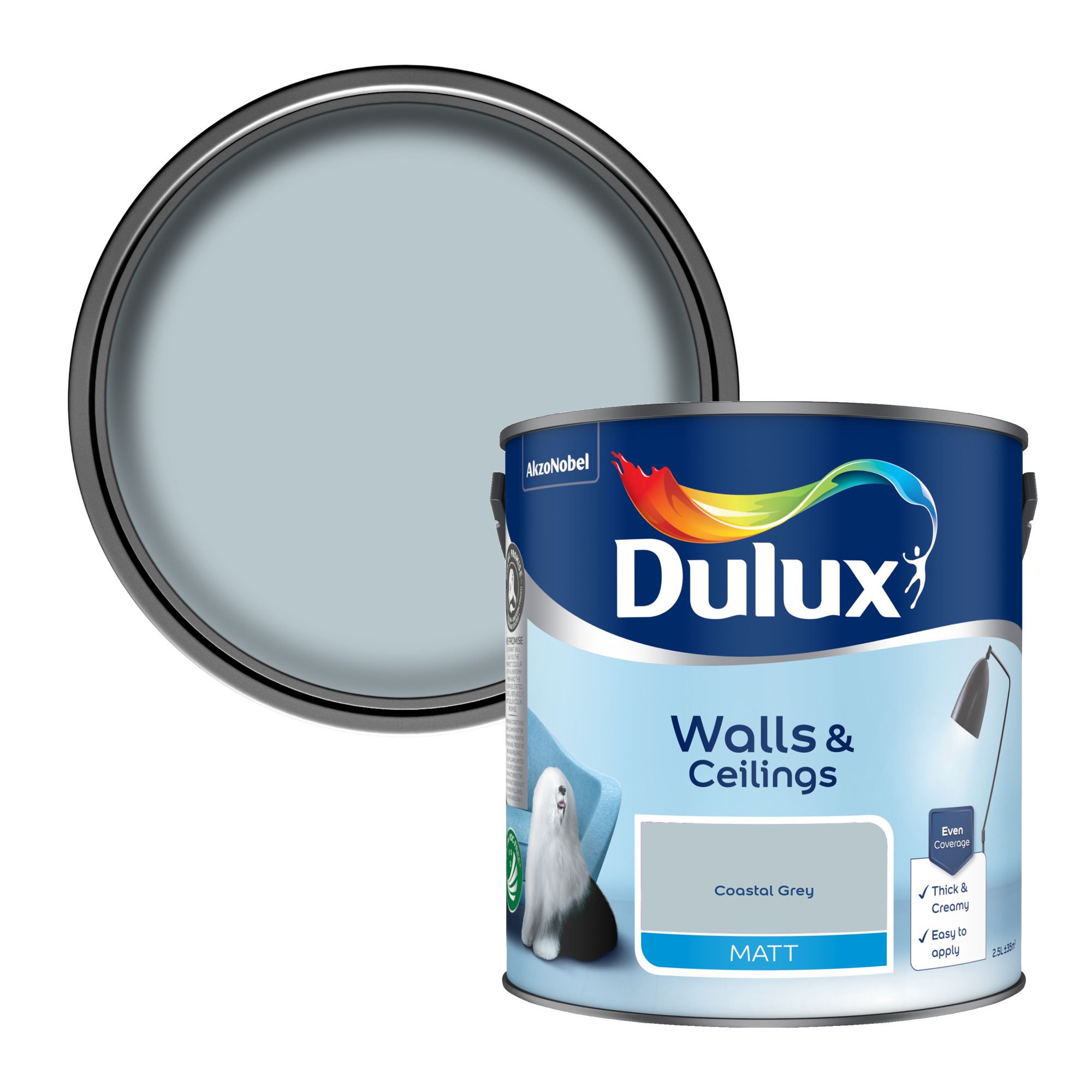 Dulux Coastal Grey Matt Wall & ceiling Emulsion paint, 2.5L