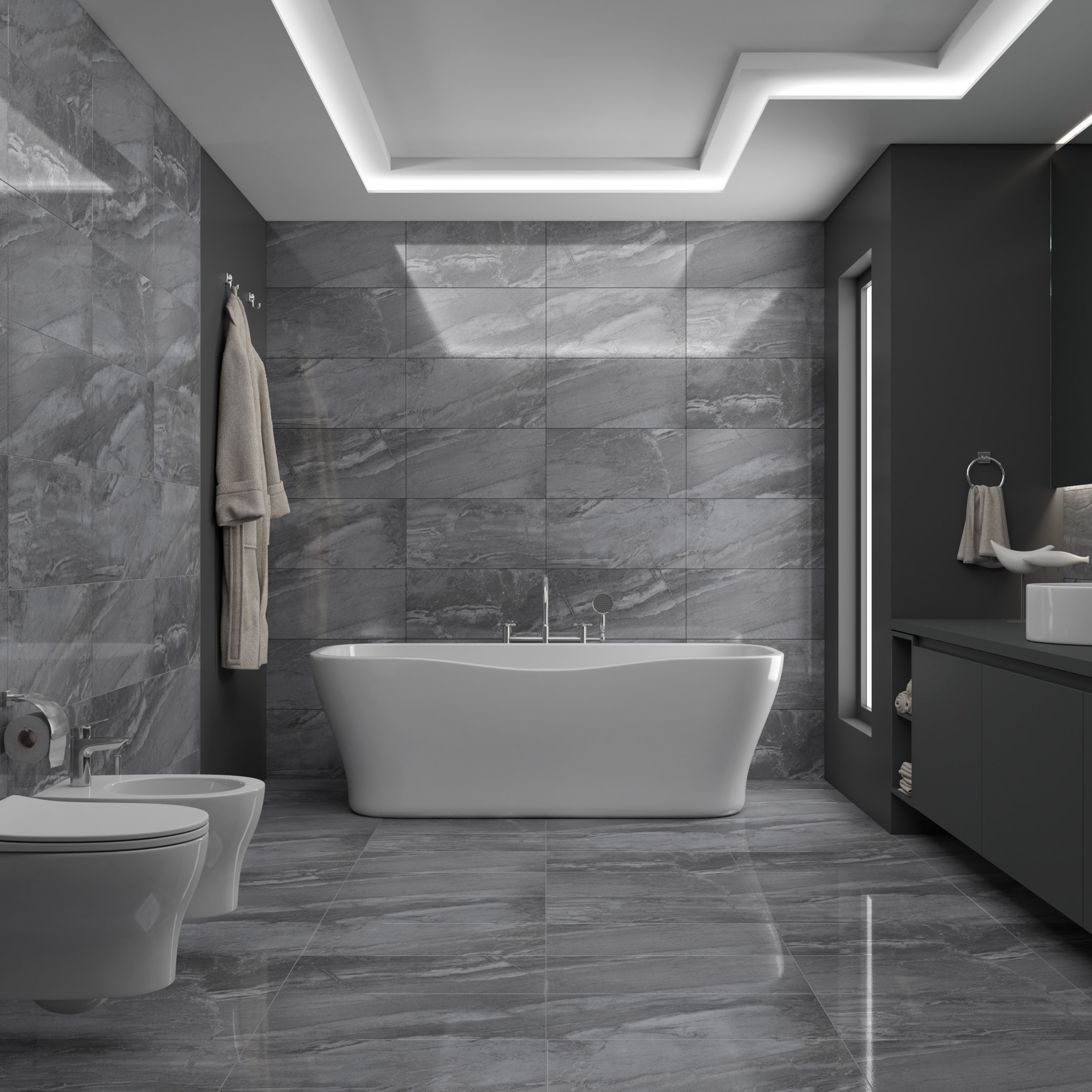 Duratile Designs Grey Gloss Stone effect Porcelain Indoor Wall & floor ...