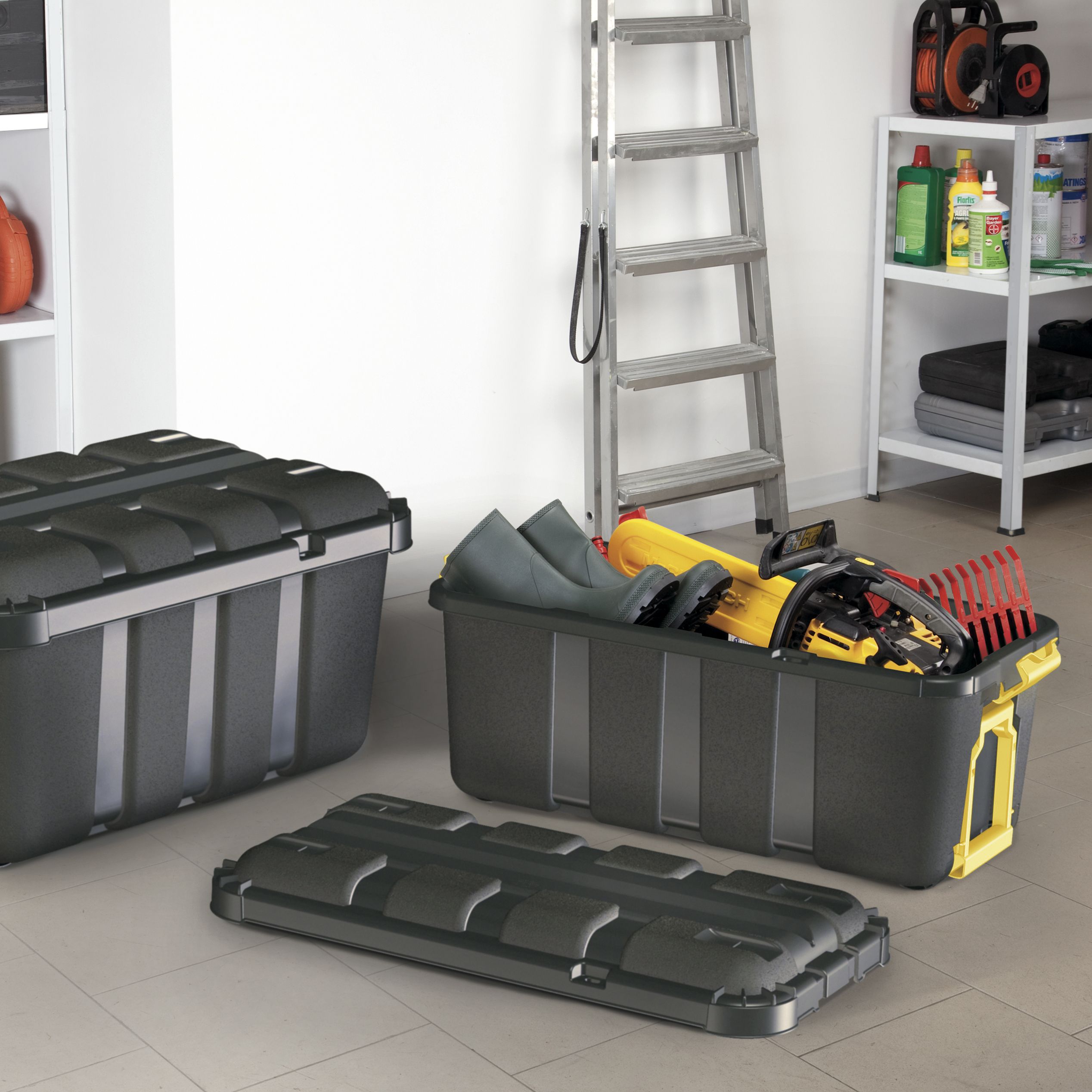 Form Skyda Heavy duty Black 68L Plastic Wheeled Storage trunk with Lid