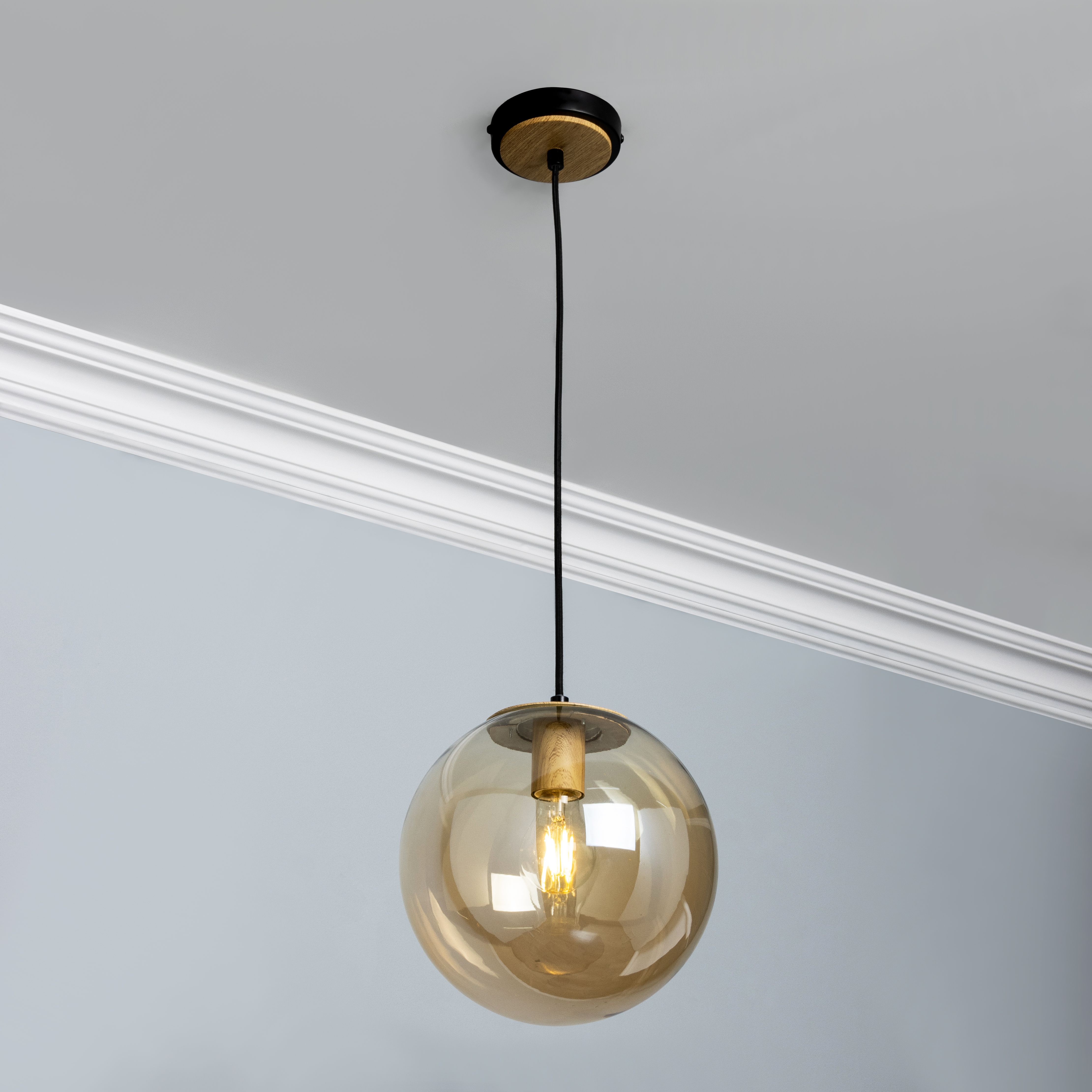 Inlight Mead Matt Black Wood effect Pendant ceiling light, (Dia)240mm
