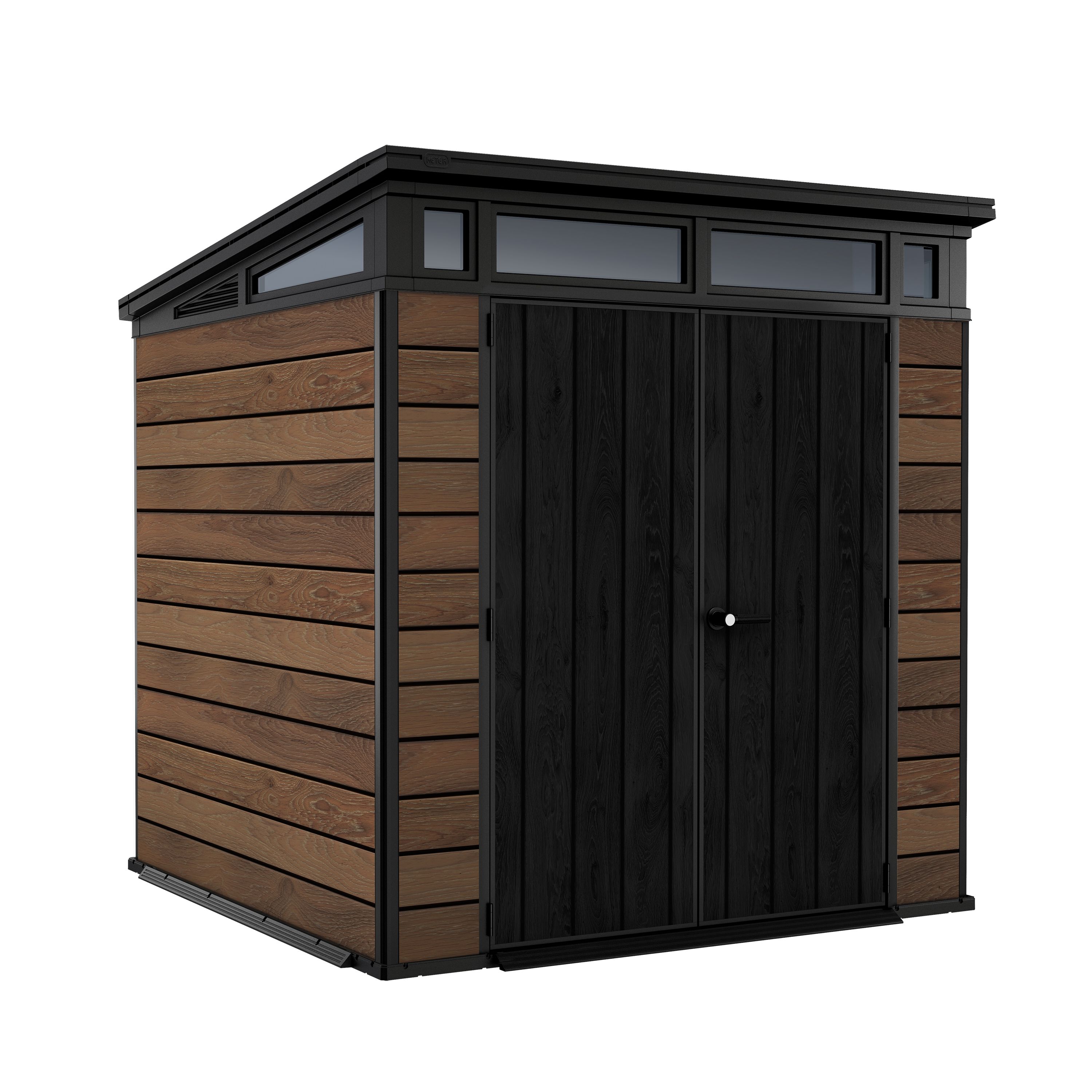 Keter Signature Decocoat Pent Walnut 2 door Shed with floor & 6 windows ...