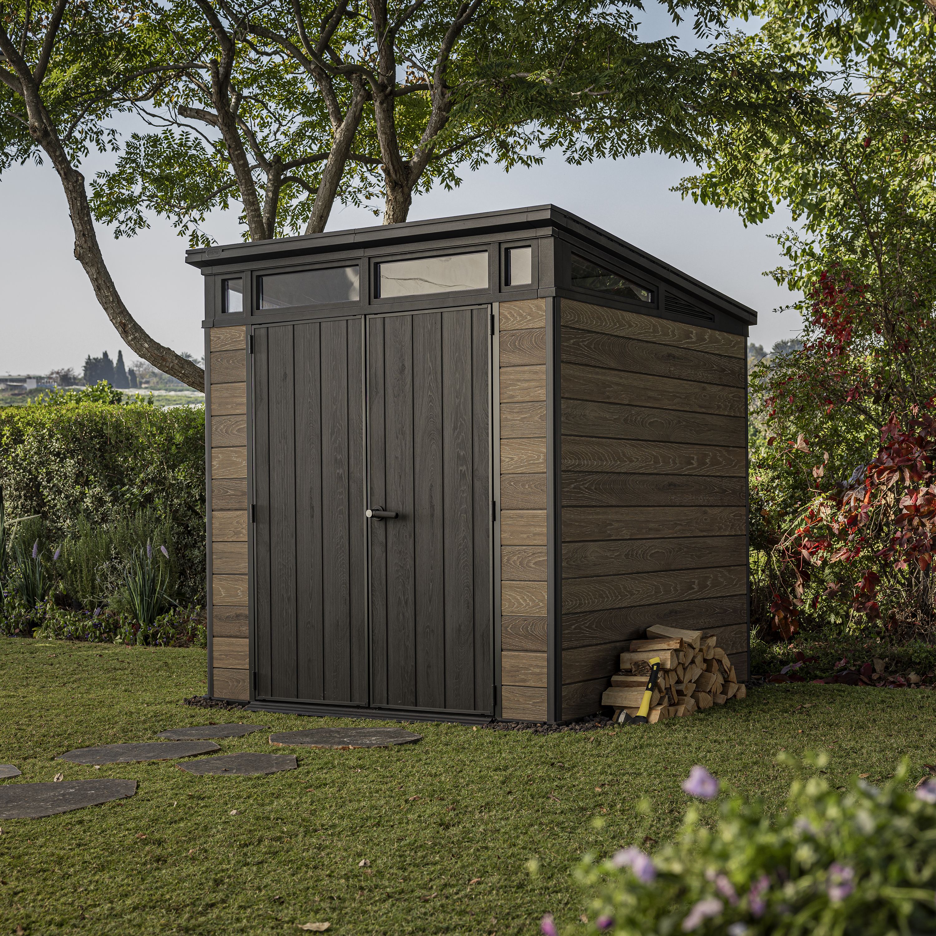 Keter Signature Decocoat Pent Walnut 2 door Shed with floor & 6 windows ...