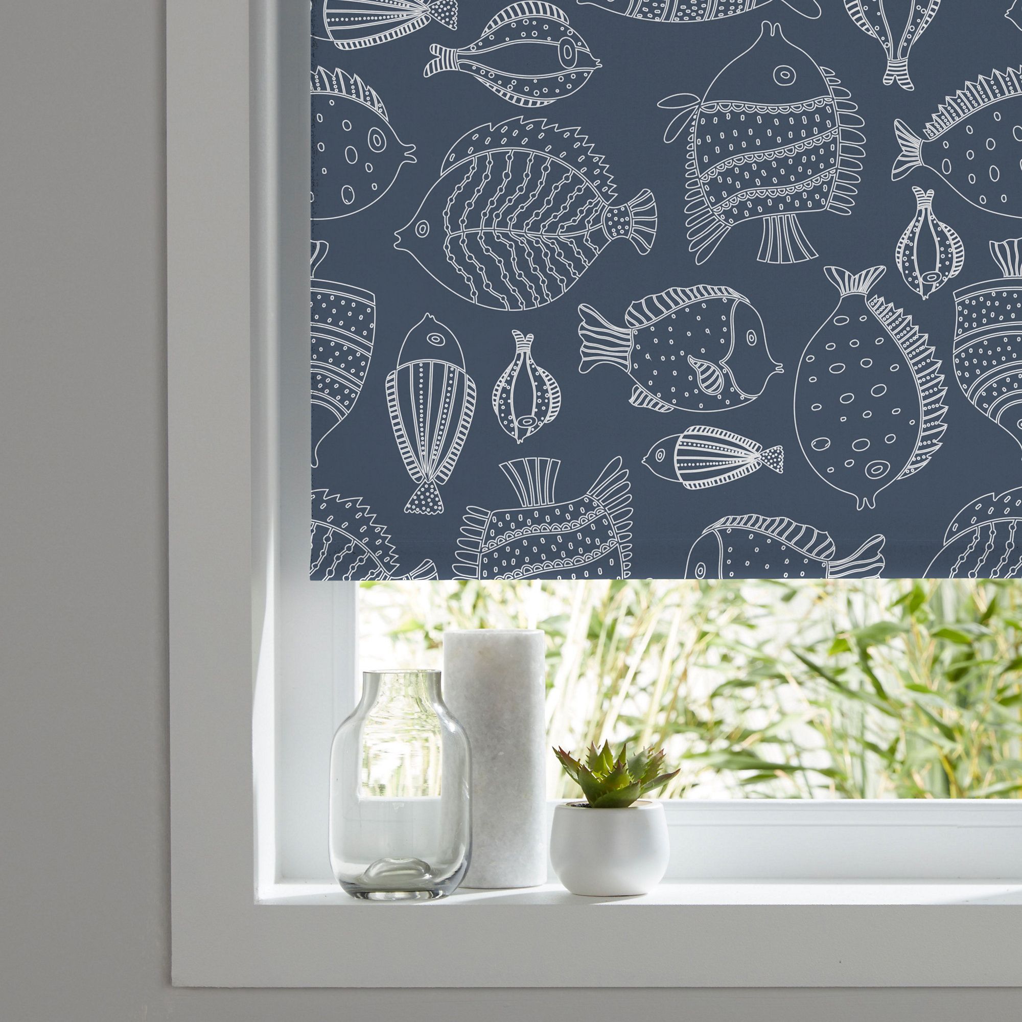 Kitchen & bathroom blinds Corded Fish print navy Blackout Roller blind ...