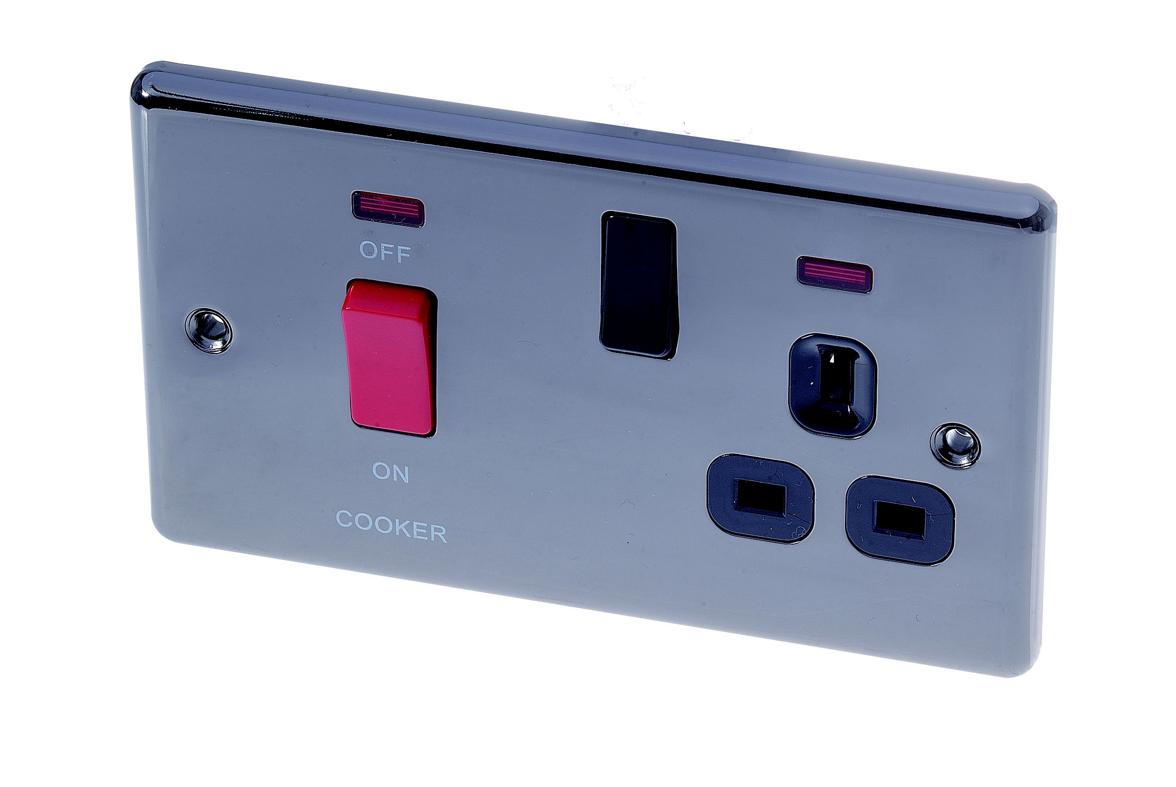 LAP Nickel 45A Cooker switch & socket with Black inserts | Tradepoint