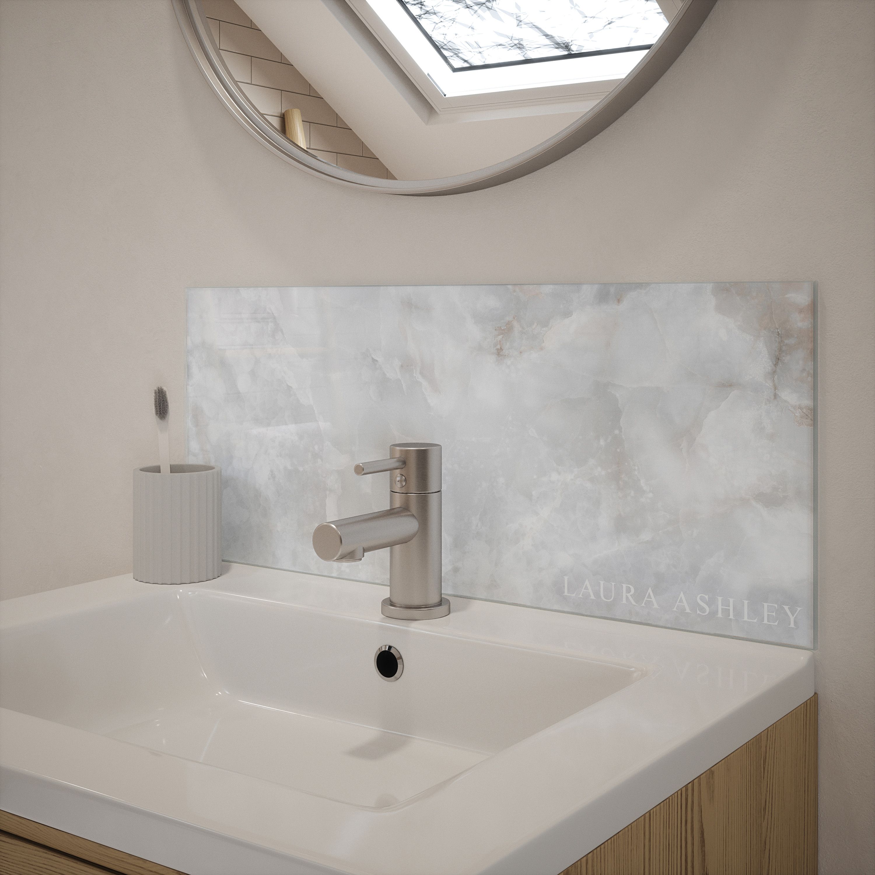 Laura Ashley Gloss Dove grey Onyx Marble effect Glass Self-adhesive Bathroom Splashback (H)25cm ...