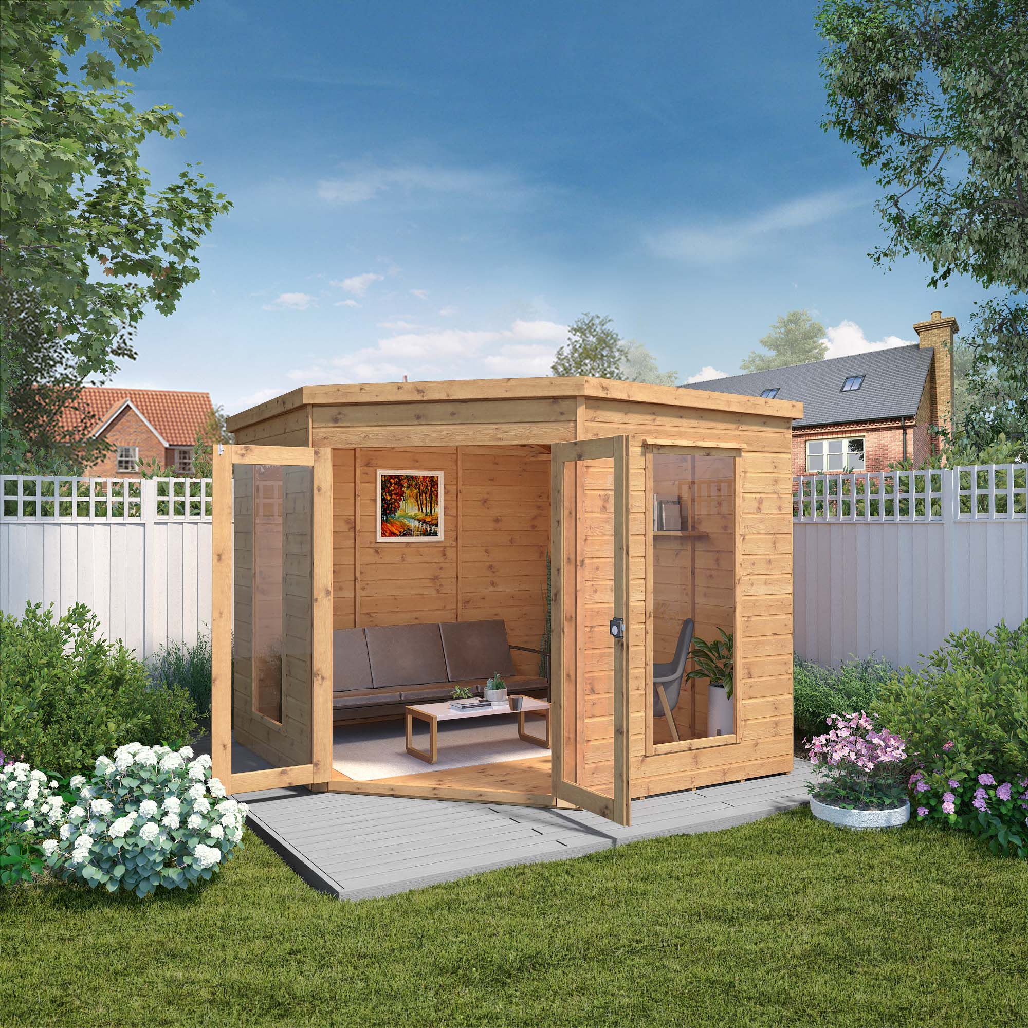 Mercia Corner 8x8 ft with Double door & 2 windows Flat Wooden Summer ...