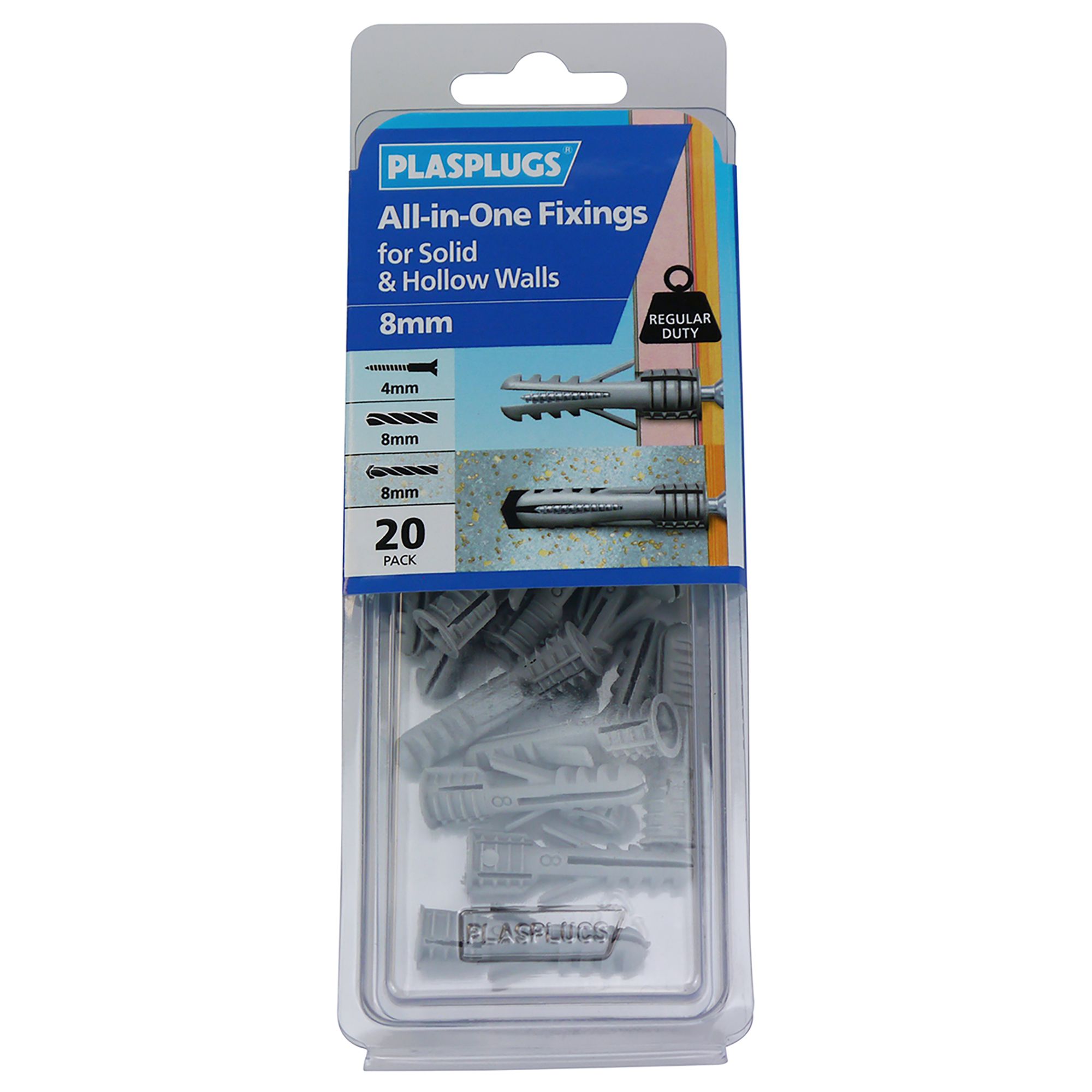 Plasplugs All-in-One Grey Plastic Wall plug (Dia)8mm (L)52mm, Pack of 20