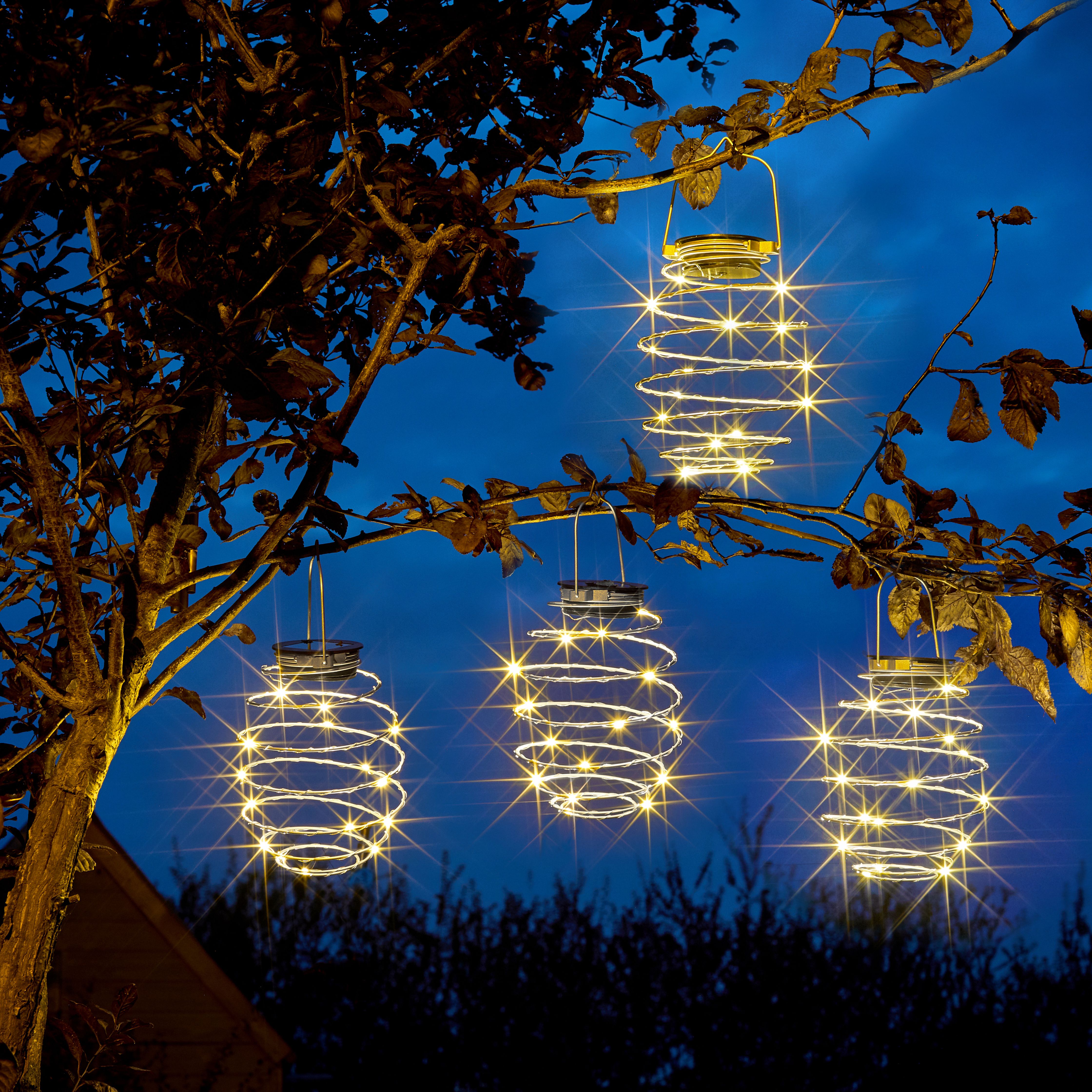 Solar Silver effect Spiral Solar powered LED Outdoor Hanging light Pack of 4
