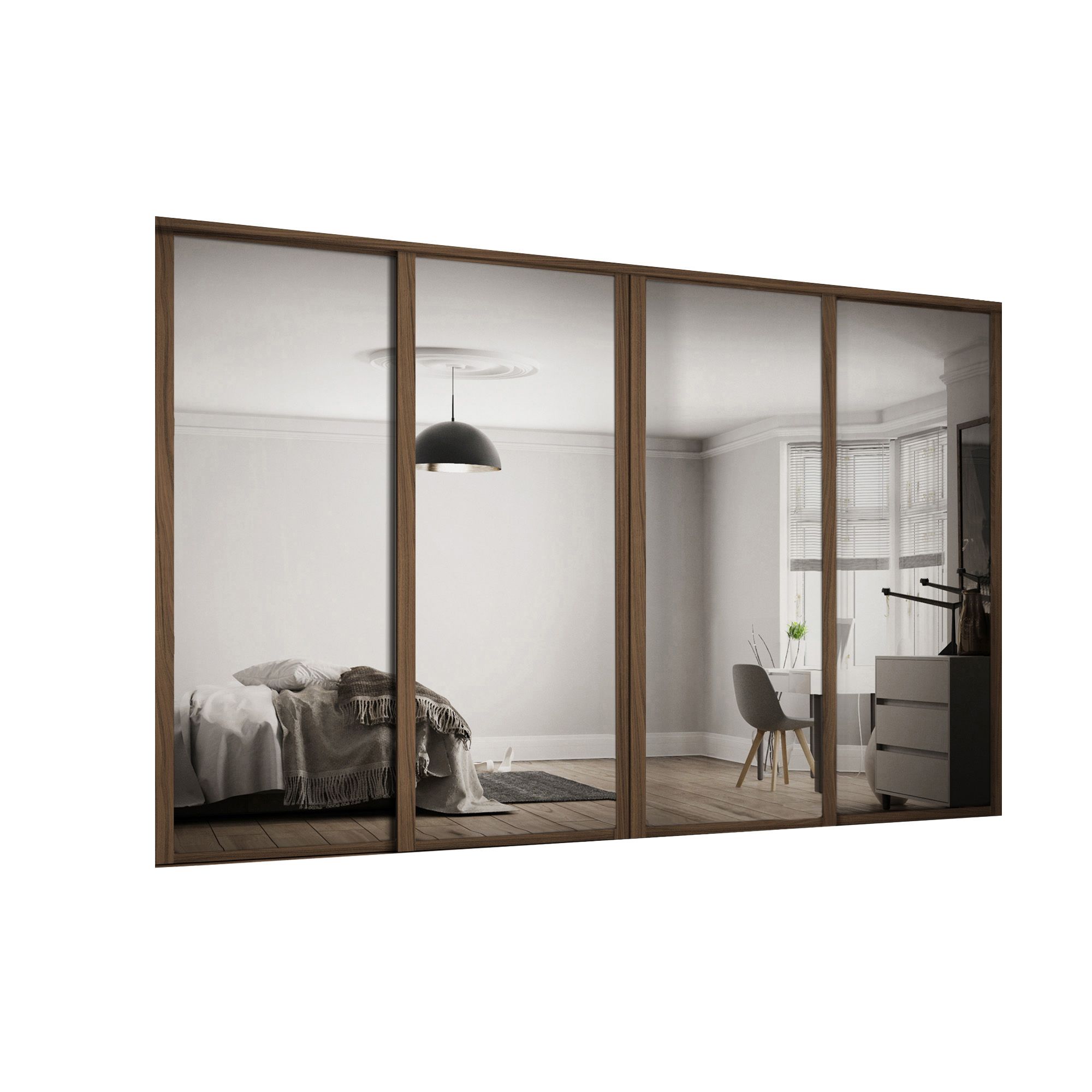 Spacepro Shaker 1 Panel Mirrored Carini walnut effect framed Sliding wardrobe door Set of 4 (H ...