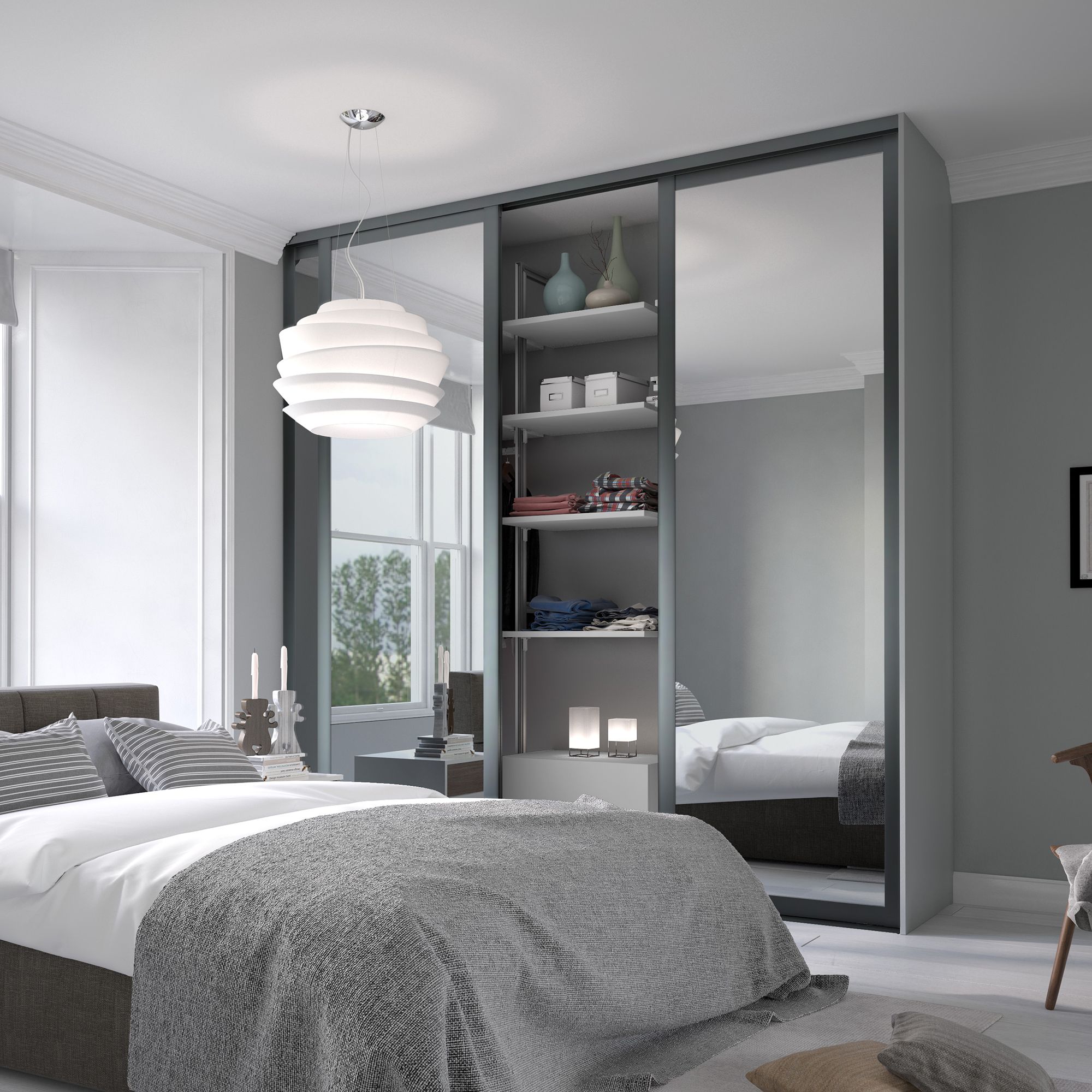 Spacepro Shaker Mirrored Graphite 3 door Sliding Wardrobe Door kit (H ...