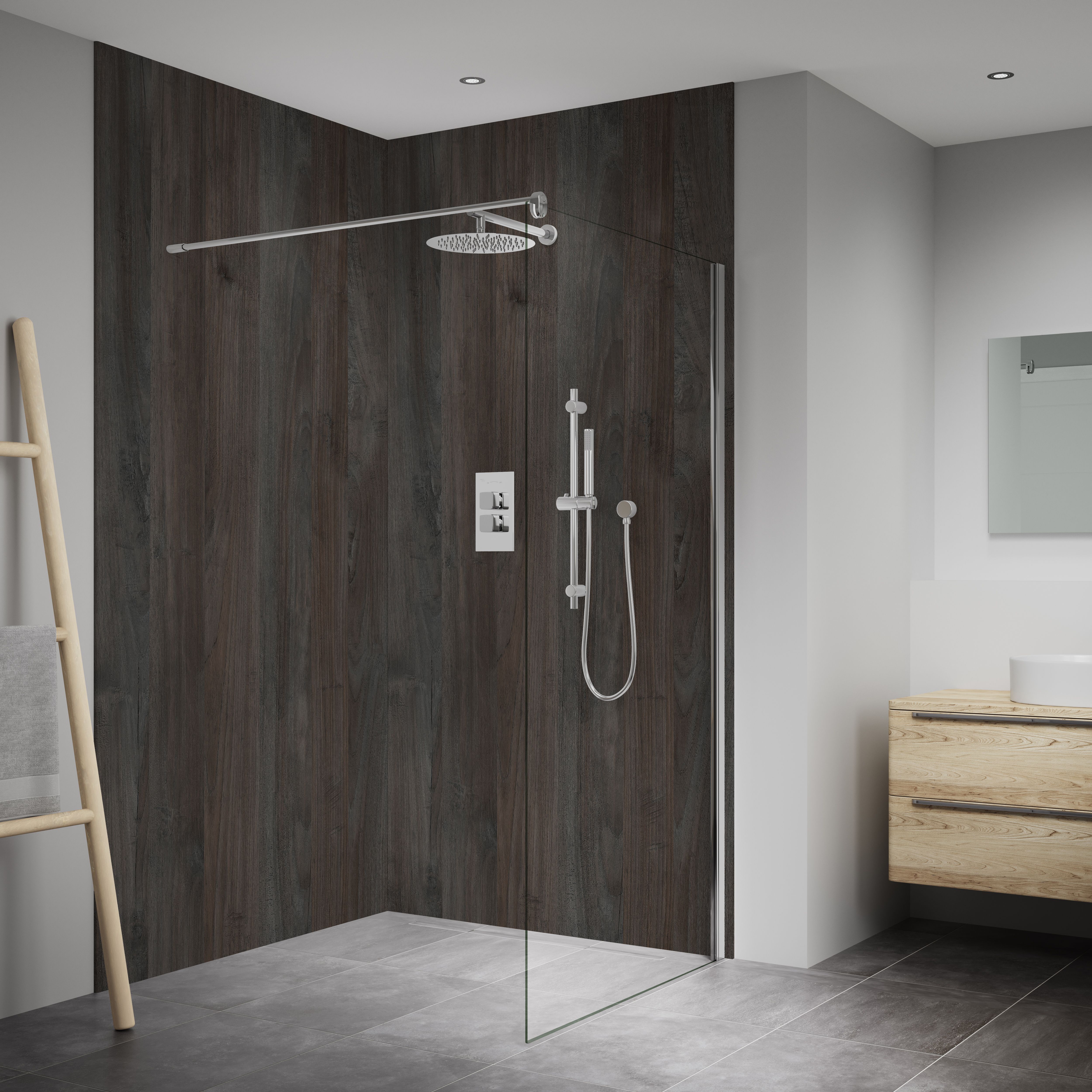 Splashwall Elite Matt Deep oak brown Fixed Tongue & groove Shower wall ...