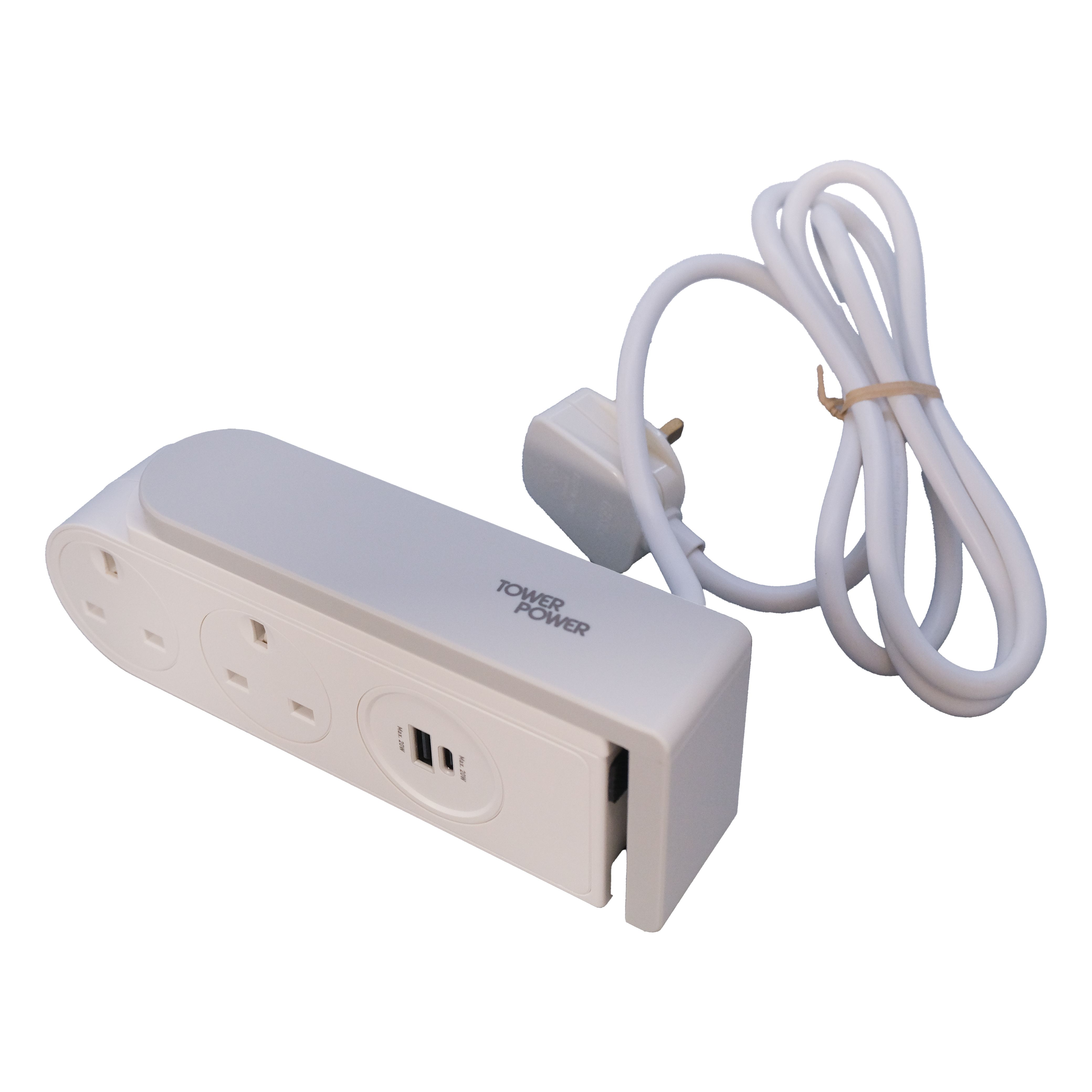 Tower Clip On White 13A 2 socket Extension lead with USB, 1.5m