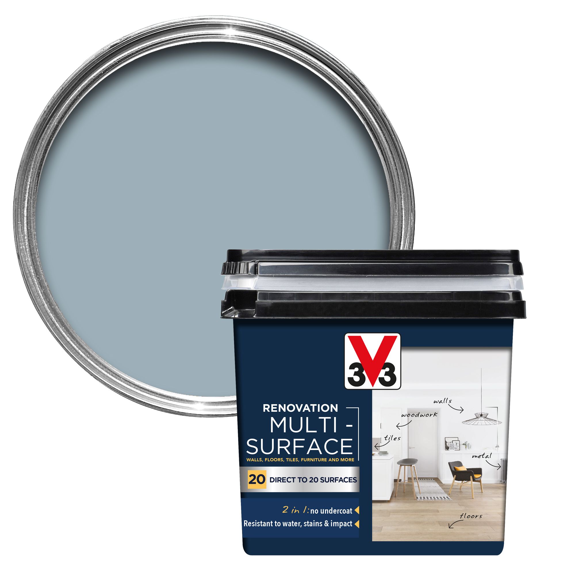 V33 Renovation Grey Blue Satinwood Multi-surface paint, 750ml | Tradepoint